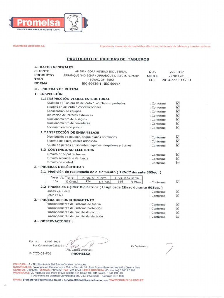 4.1. Protocolo de Pruebas Del Tablero Electrico | PDF
