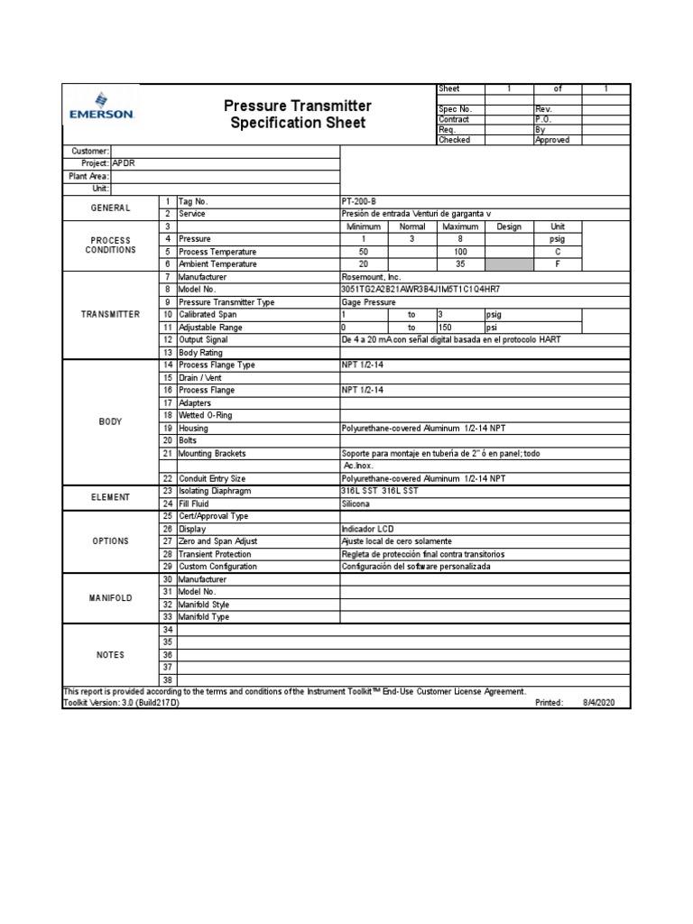 Pressure Transmitter Specification Sheet: General | PDF | Manufactured ...