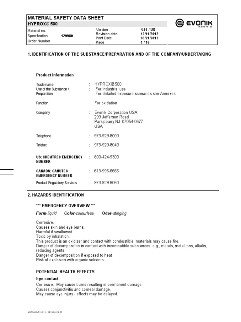 Hyprox 500 MSDS | PDF | Personal Protective Equipment | Hydrogen Peroxide