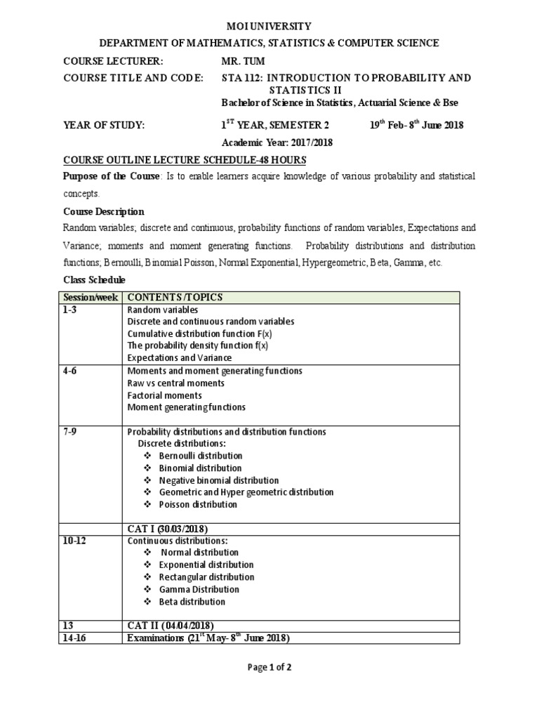 STA 112 INTRODUCTION TO PROBABILITY AND STATISTICS II Course Outline ...