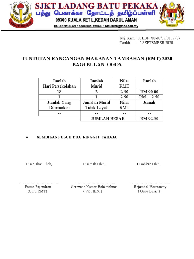 Surat Iringan RMT Ogos 2020 | PDF