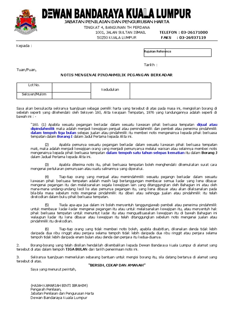 Sample DBKL Borang I | PDF