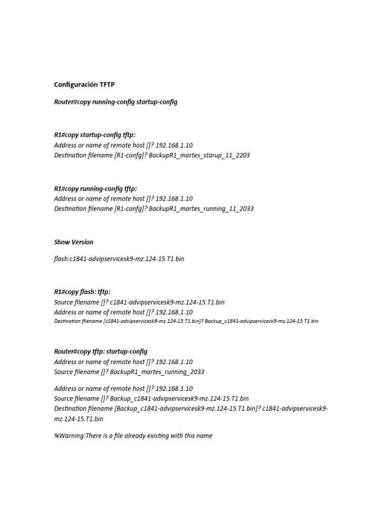 Configuración TFTP: Router#copy Running-Config Startup-Config | PDF ...
