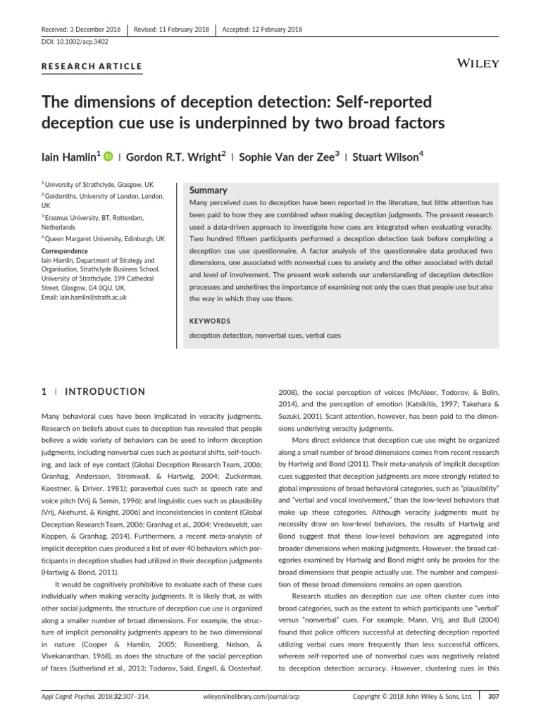 Hamlin Et Al. (2018) - The Dimensions of Deception Detection Self Reported Deception Cue Use Is ...
