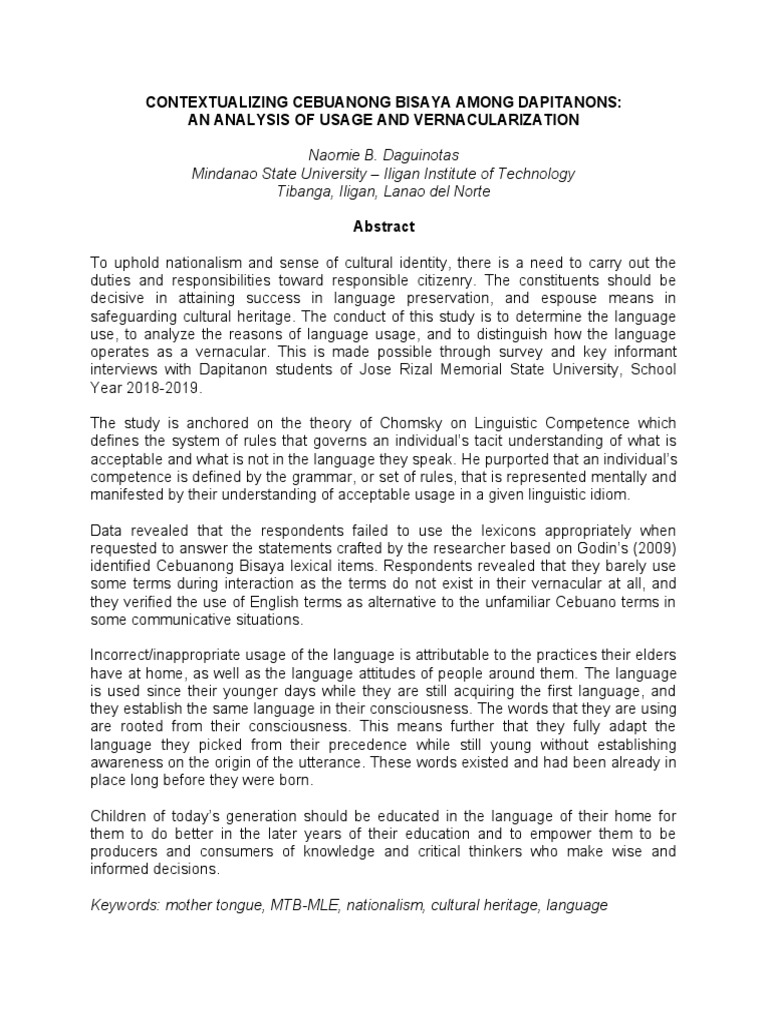Analyzing the Usage and Vernacularization of Cebuanong Bisaya Among ...