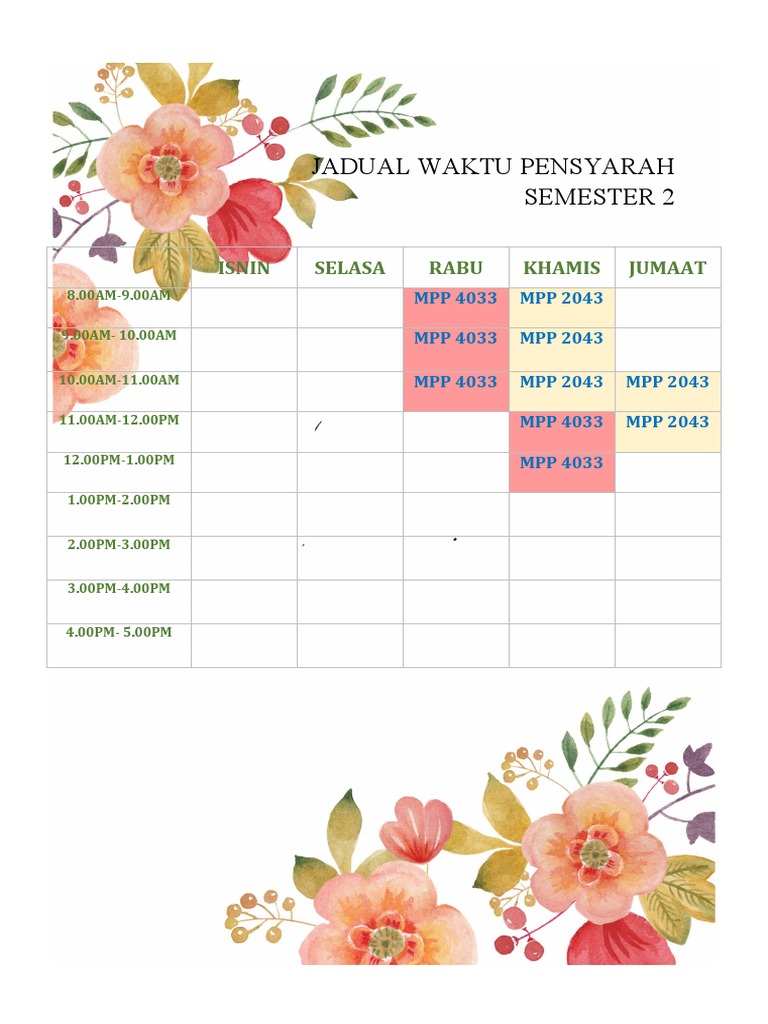 Jadual Waktu Pensyarah Sem 2 | PDF