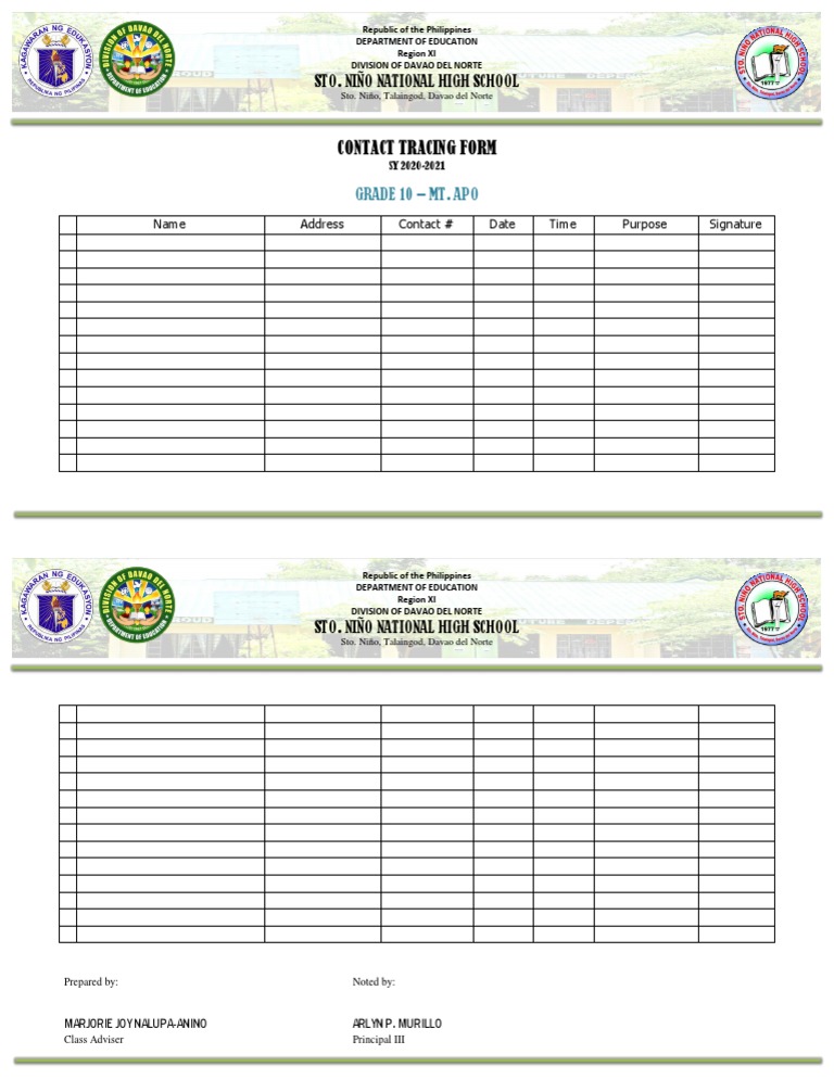 Contact Tracing Form: Sto. Niño National High School | PDF