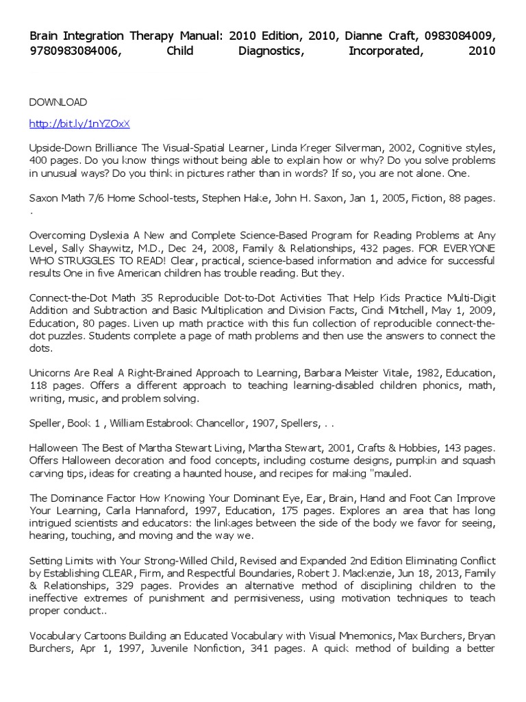 Brain Integration Therapy Manual: 2010 Edition, 2010, Dianne Craft ...