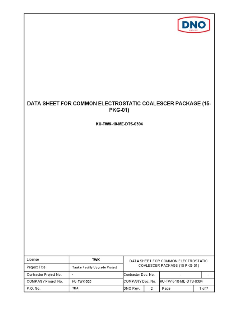 KU-TWK-10-ME-DTS-0304 Rev 2 Data Sheet For Common Electrostatic Coalescer Package PDF | PDF ...