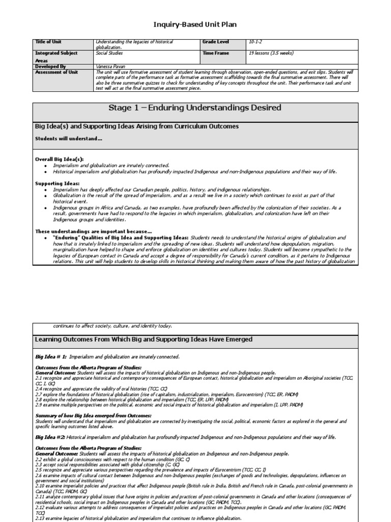 Stage 1 - Enduring Understandings Desired: Inquiry-Based Unit Plan ...