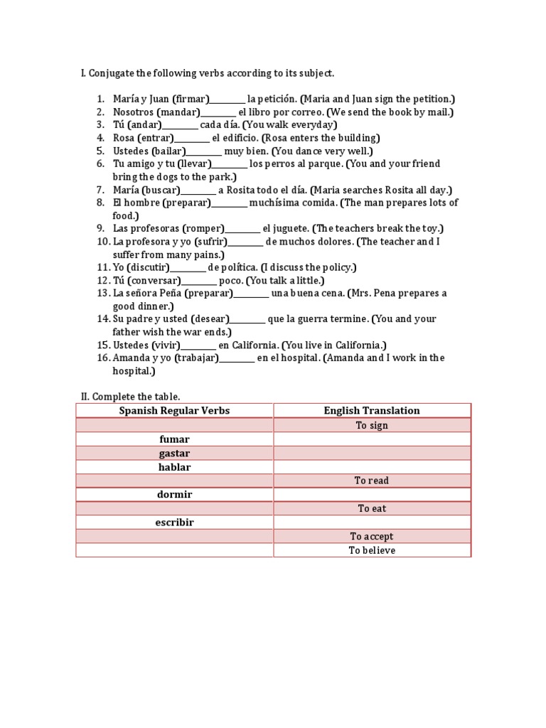 Ejercicios de Conjugación y Traducción en Español | PDF