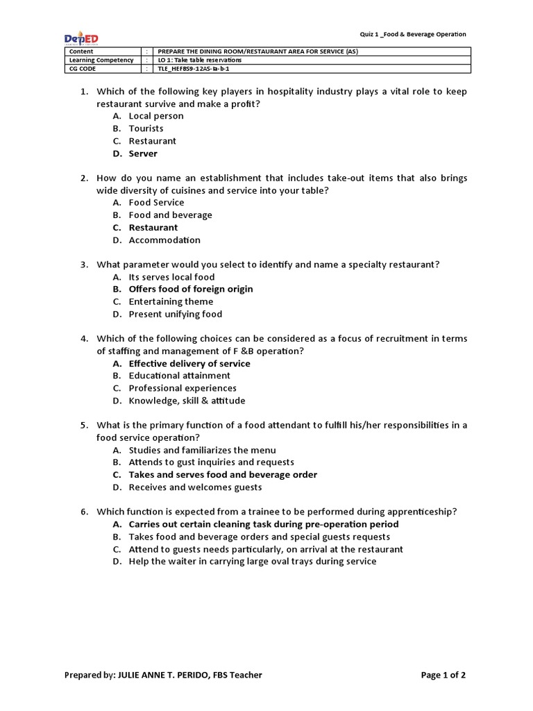 Assessing Restaurant Operations: A Quiz on Key Aspects of Food and ...