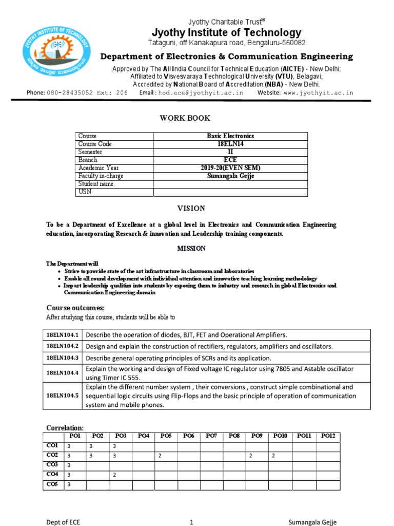 Jyothy Institute of Technology: Work Book | PDF | Rectifier | Diode