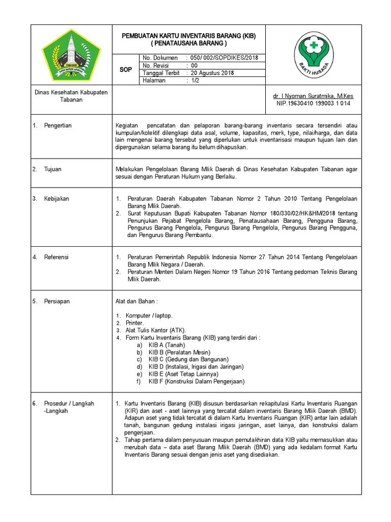 050 002SOPDIKES2018 SOP Pembuatan Kartu Inventaris Barang KIB | PDF