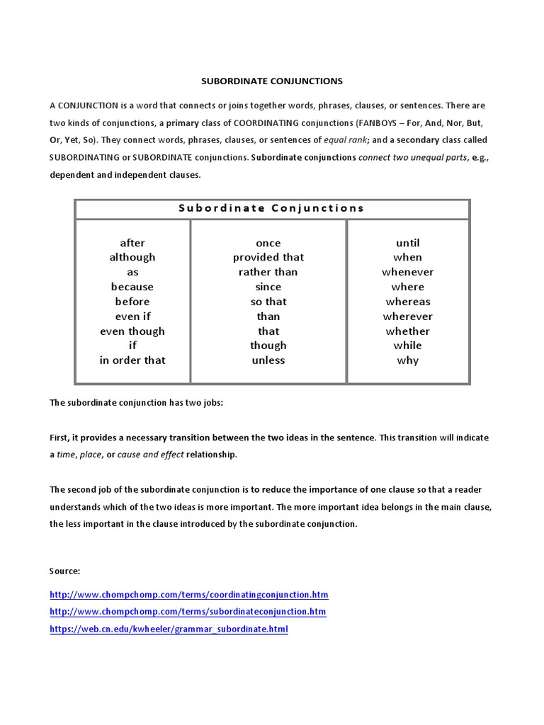 Subordinate Conjunctions | PDF