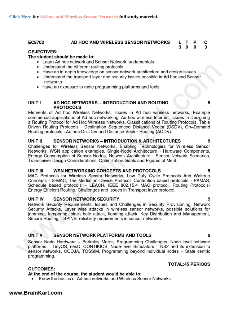 EC8702 Adhoc Syllabus PDF | PDF | Wireless Ad Hoc Network | Wireless Sensor Network