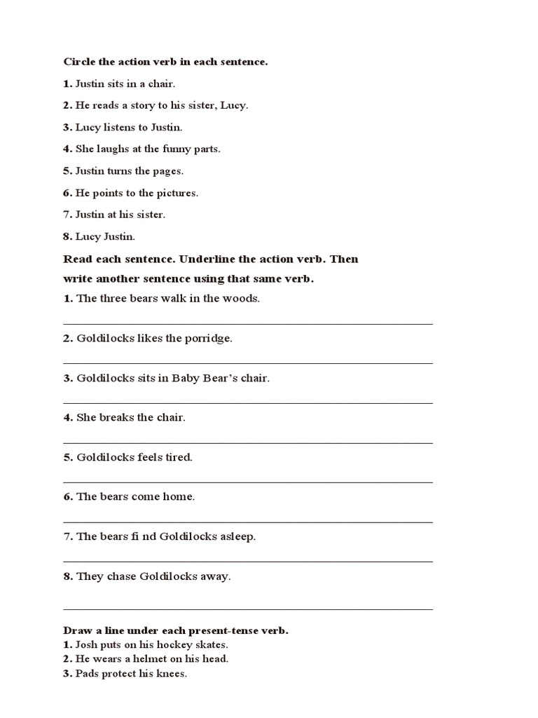 Circle The Action Verb in Each Sentence | PDF | Goldilocks And The ...