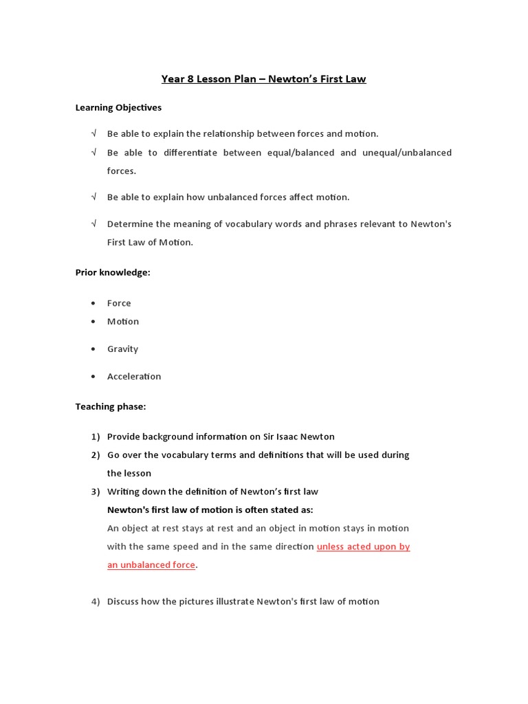 Year 8 Lesson Plan - Newton's First Law: Learning Objectives | PDF ...