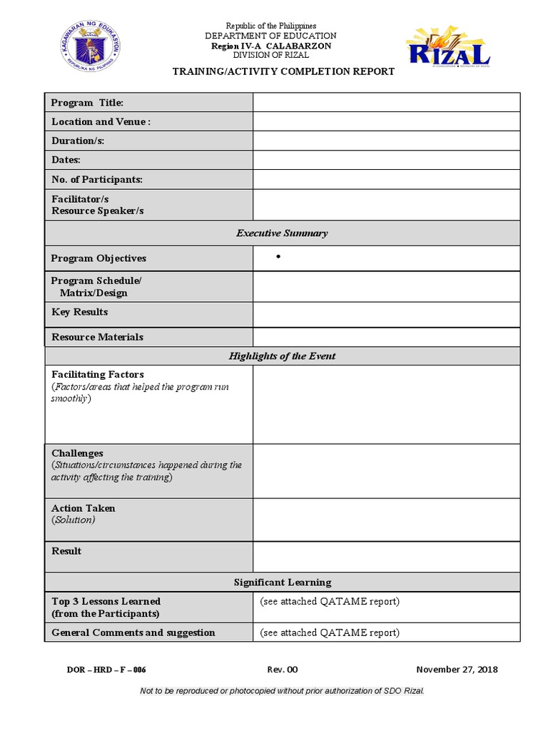 Training/Activity Completion Report: Executive Summary | PDF