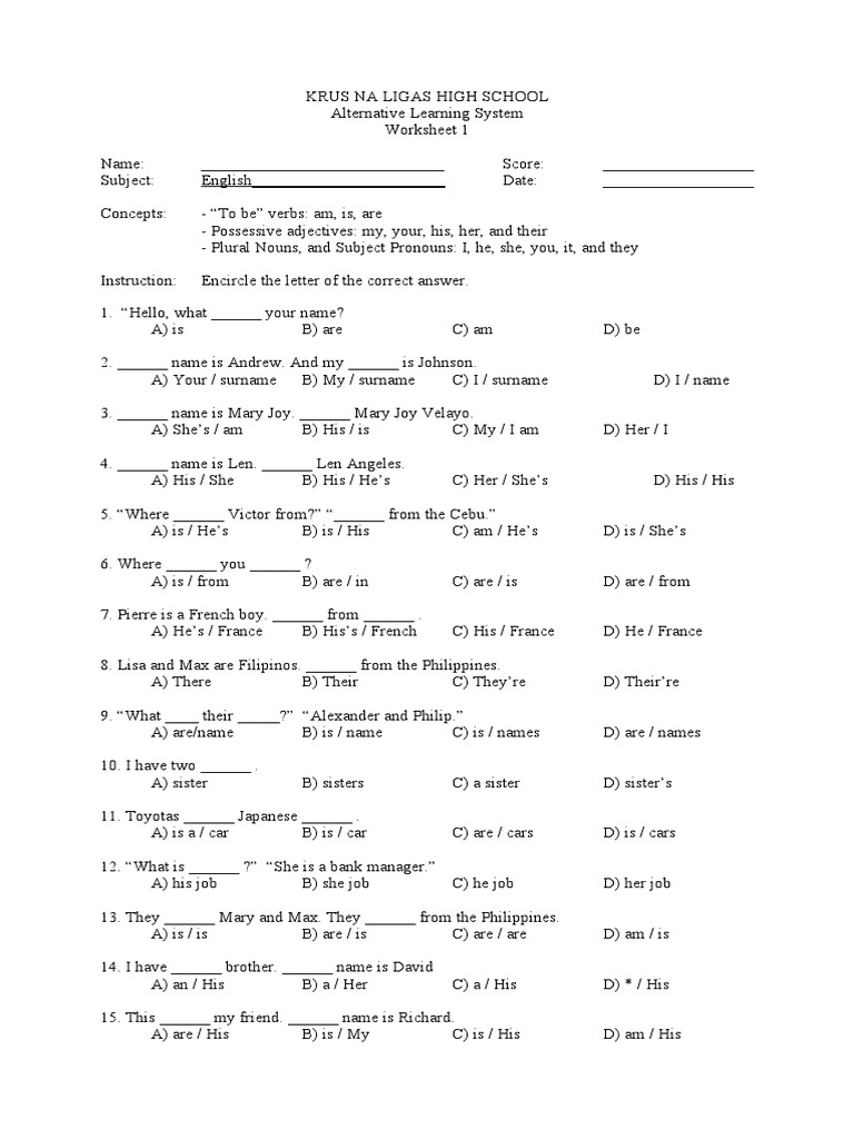 Worksheets ALS | PDF | Plural | Syntactic Relationships