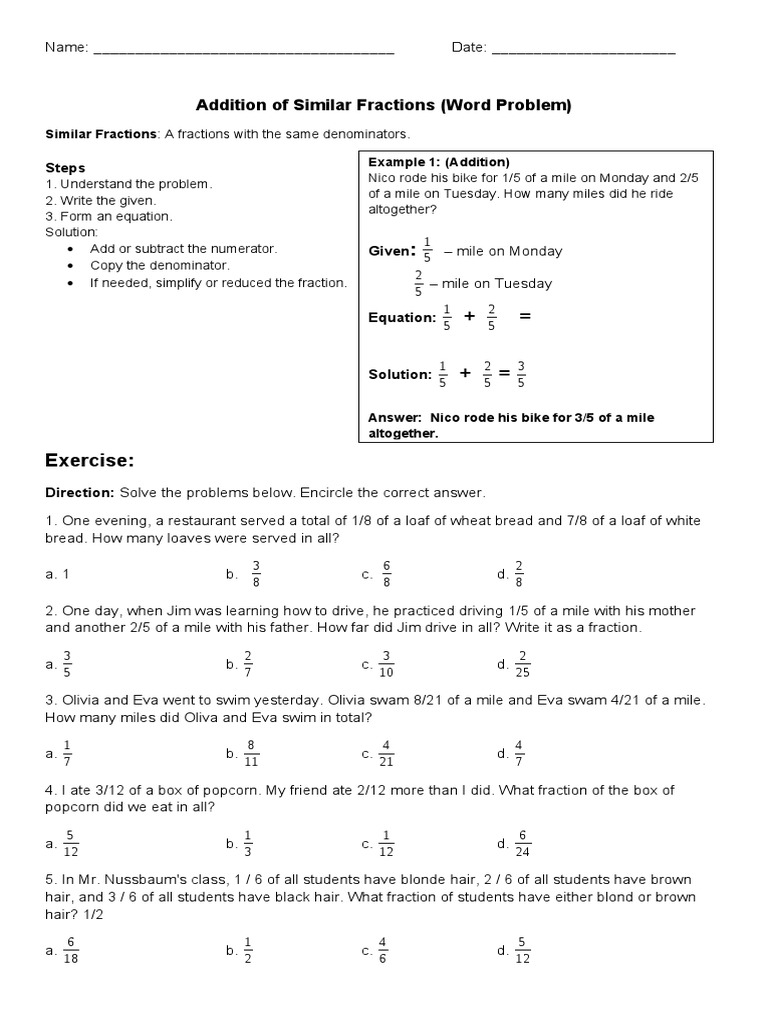 Addition of Similar Fractions (Word Problem) : Steps | PDF | Fraction ...