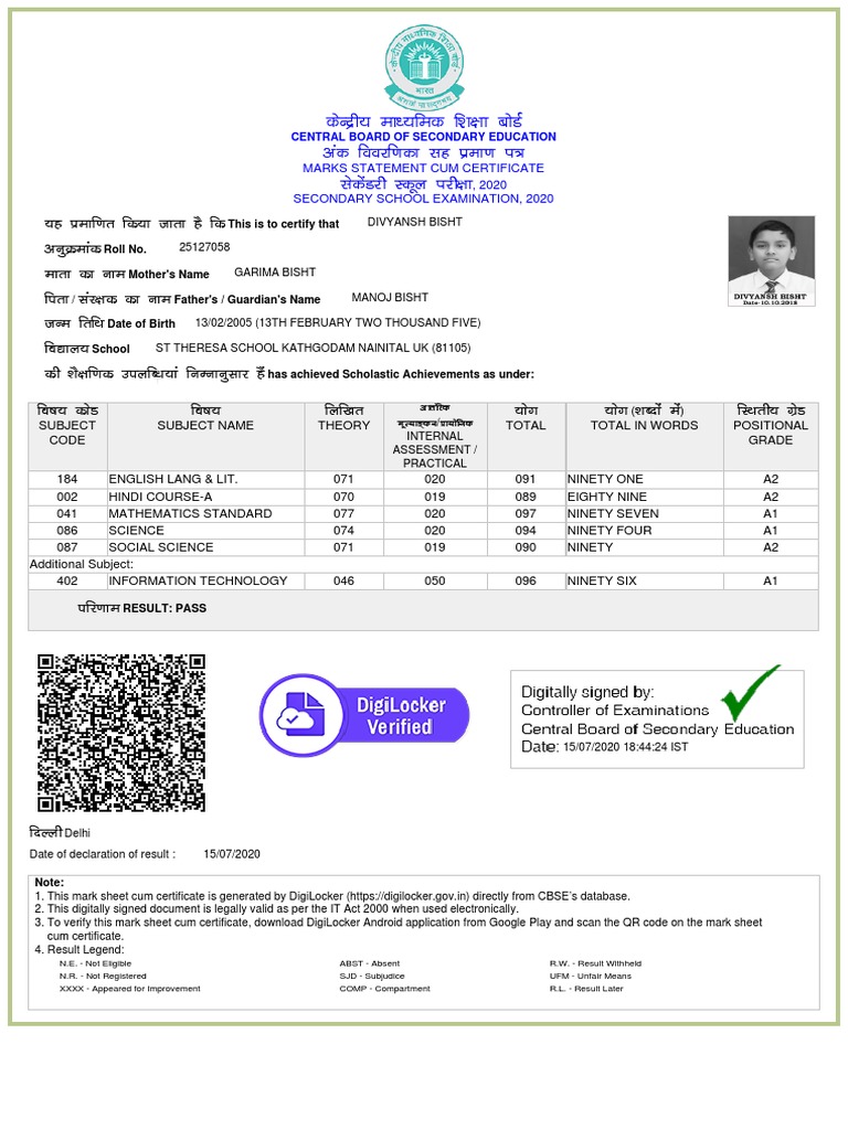 CBSE 10th Marks Statement | PDF | Computing And Information Technology ...