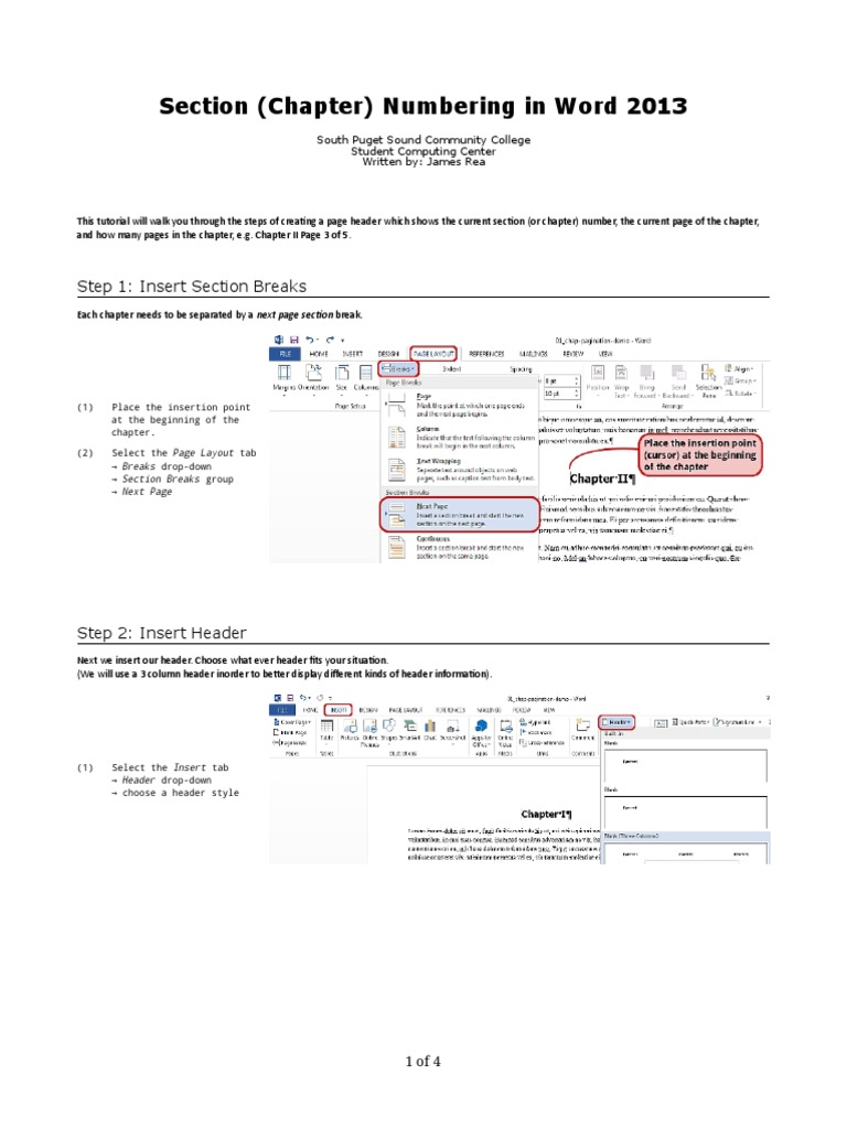 Section (Chapter) Numbering in Word 2013: Step 1: Insert Section Breaks ...