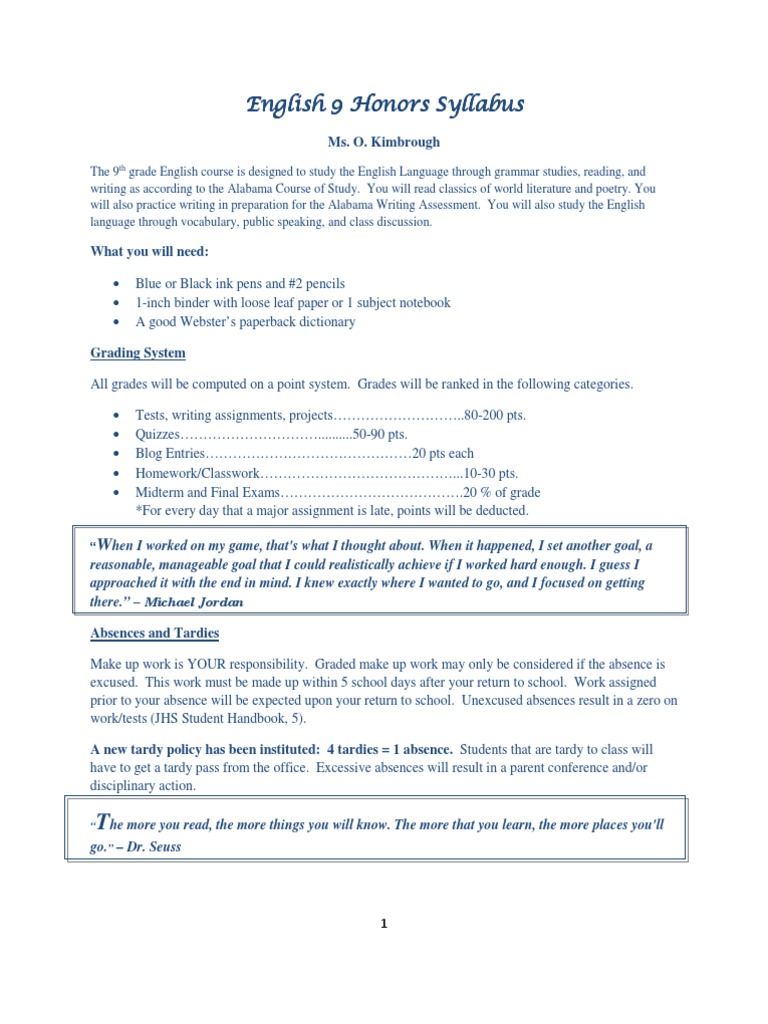 9th Grade Honors English Syllabus | PDF | Homework | Learning