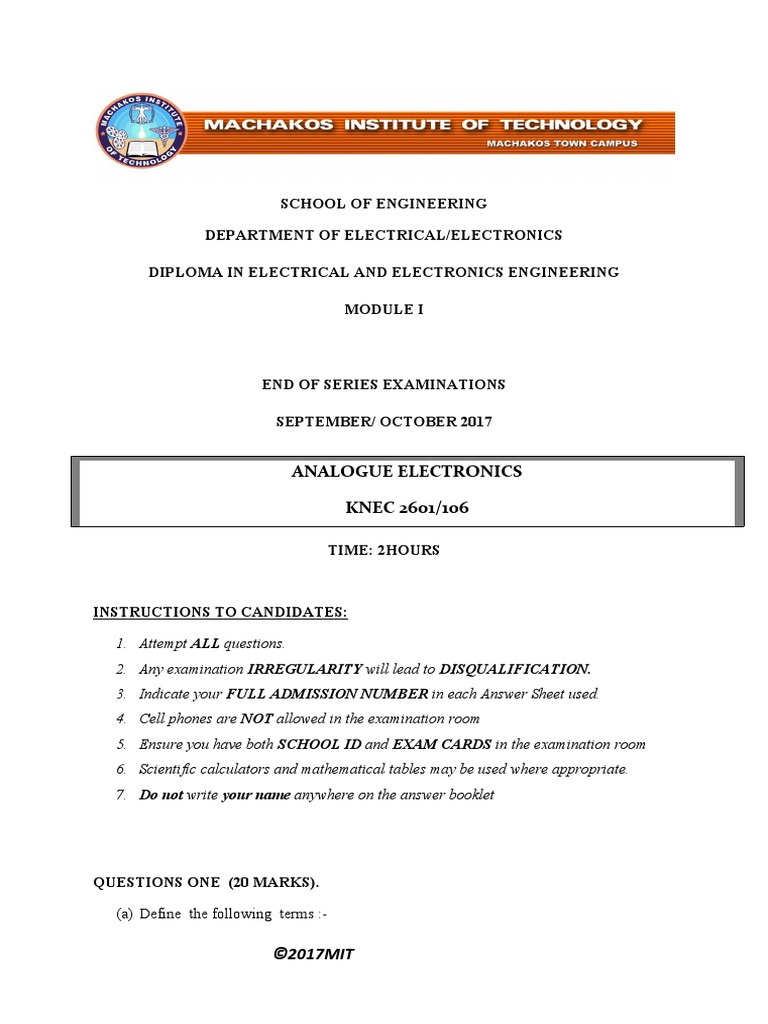 School of Engineering Department of Electrical/Electronics Diploma in ...