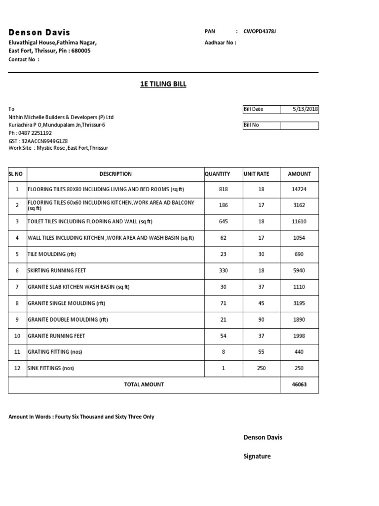Denson Davis: 1E Tiling Bill | PDF | Sink | Tile