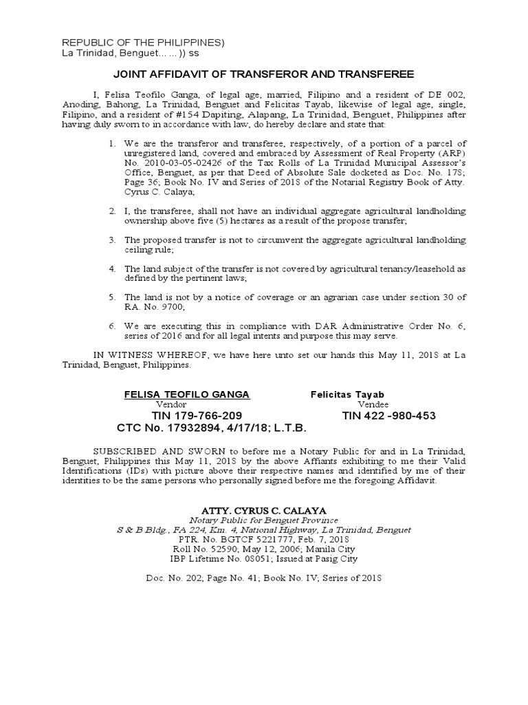 Joint Affidavit of Transferor & Transferee | PDF | Real Estate Law ...
