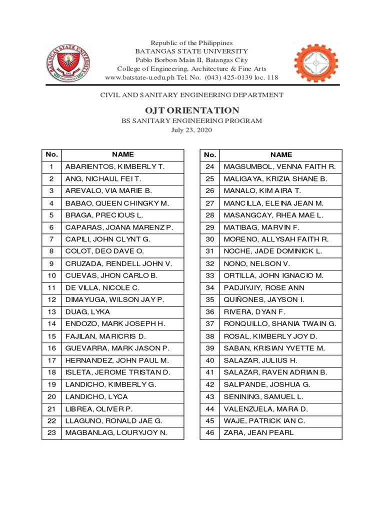 BSSE - OJT Orientation Attendance Sheet | PDF