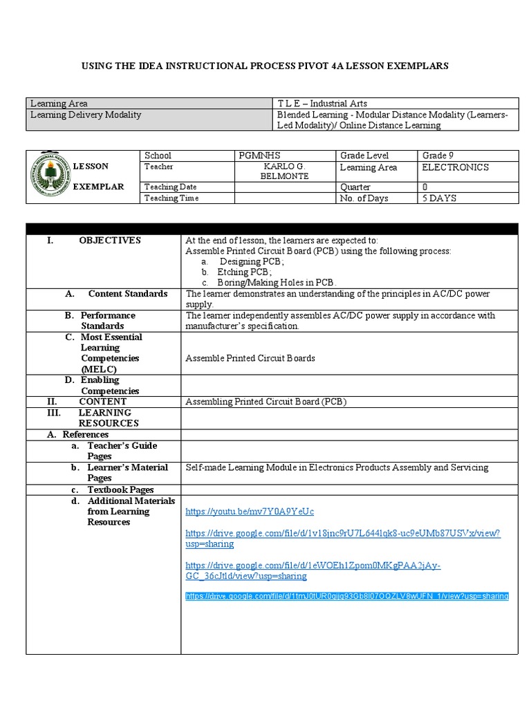 Grade 9 TLE Electronics Lesson Exemplar | PDF | Printed Circuit Board ...