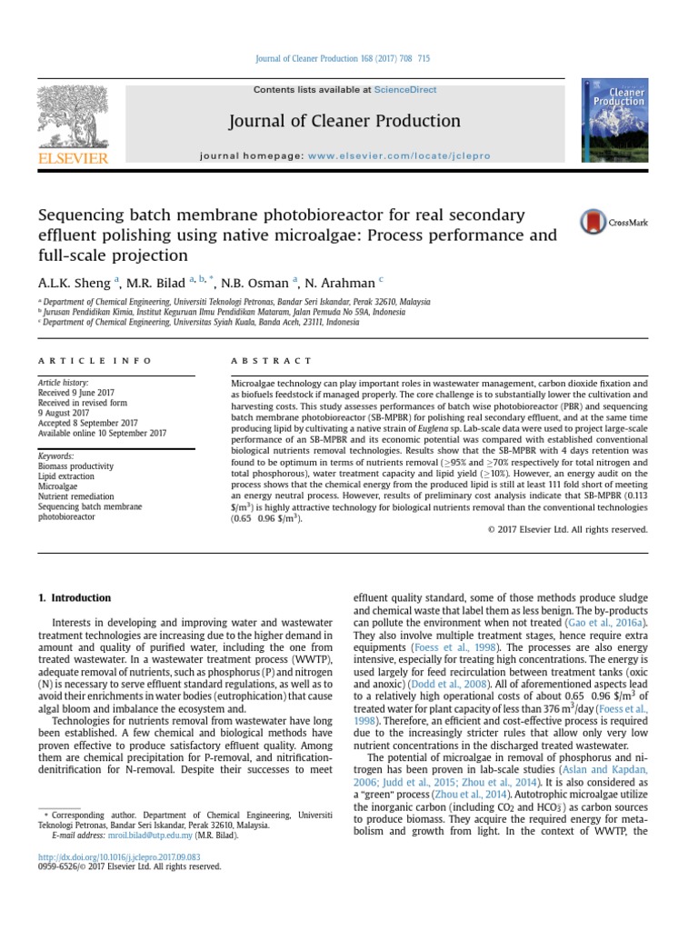 Sequencing Batch Membrane Photobioreactor For Real Secondary Effluent ...