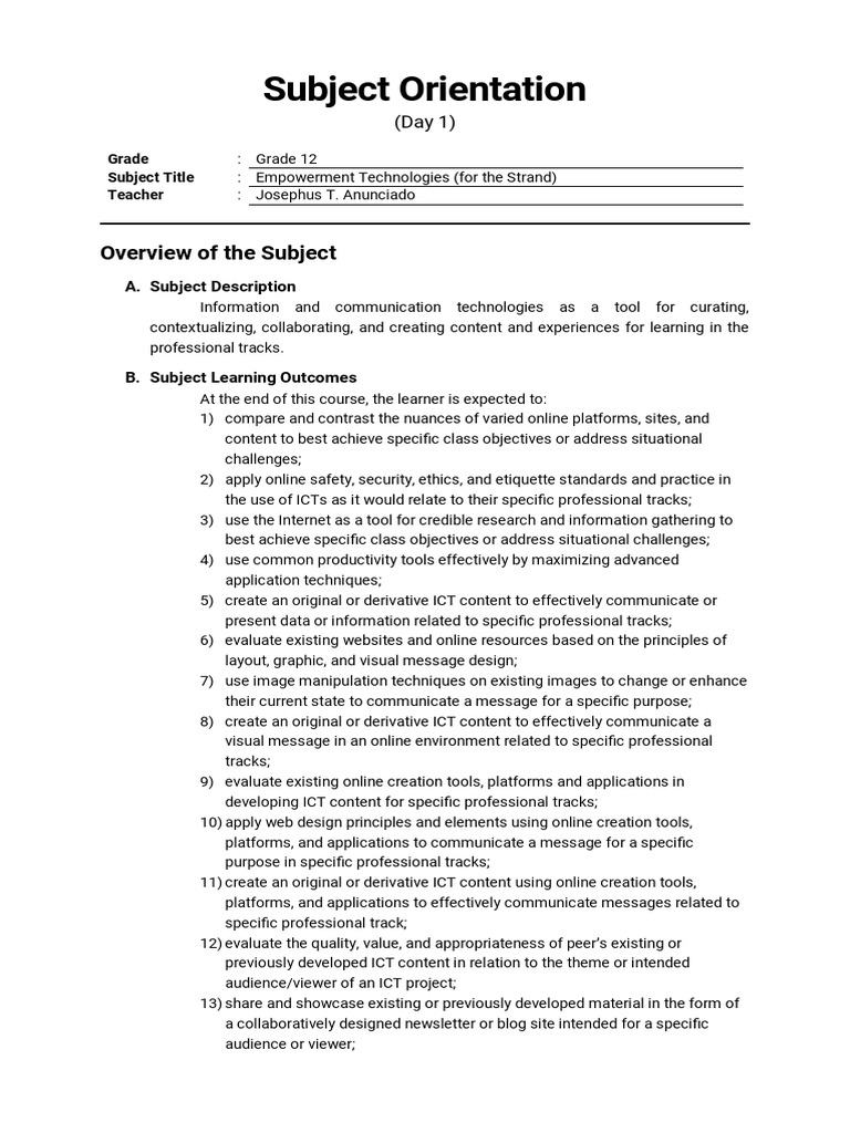 Subject Orientation EmTech | Download Free PDF | Educational Technology ...