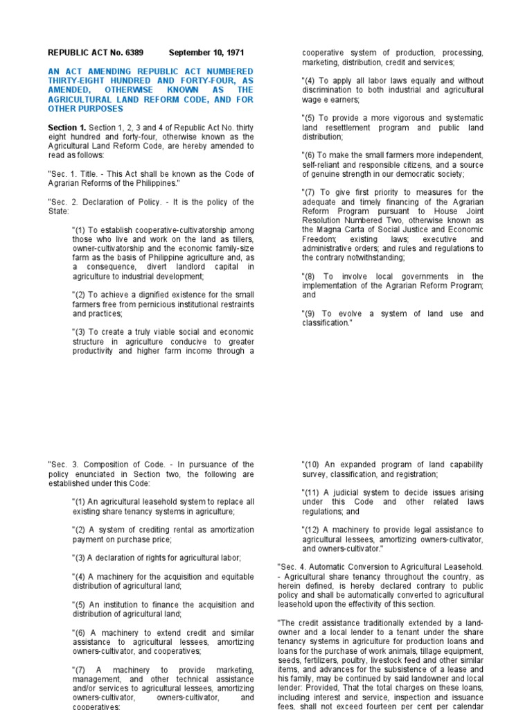 RA 6389 (1971) - Amending RA 3844 | PDF | Leasehold Estate | Lease