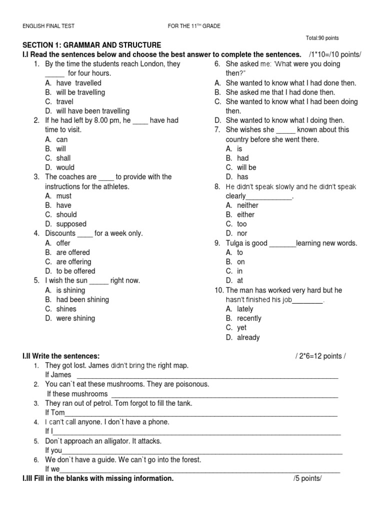 Sample Test 11th Grade | PDF