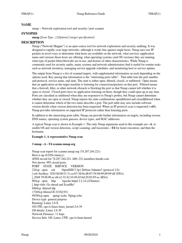 Name Synopsis Description: Nmap (Scan Type... ) (Options) (Target Specification) | PDF ...