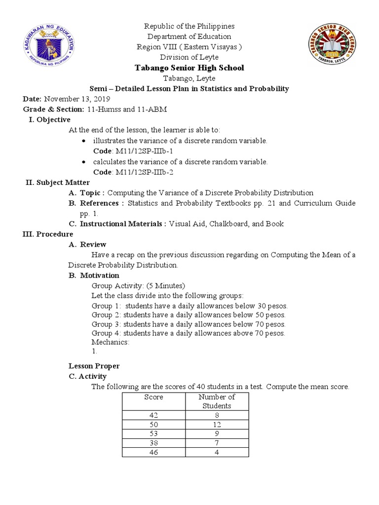Lesson Plan: Variance in Statistics | PDF | Mean | Lesson Plan