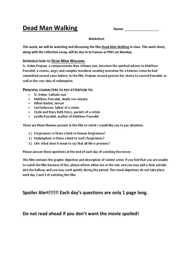 Dead Man Walking Worksheet PDF | Download Free PDF | Crime Thriller ...