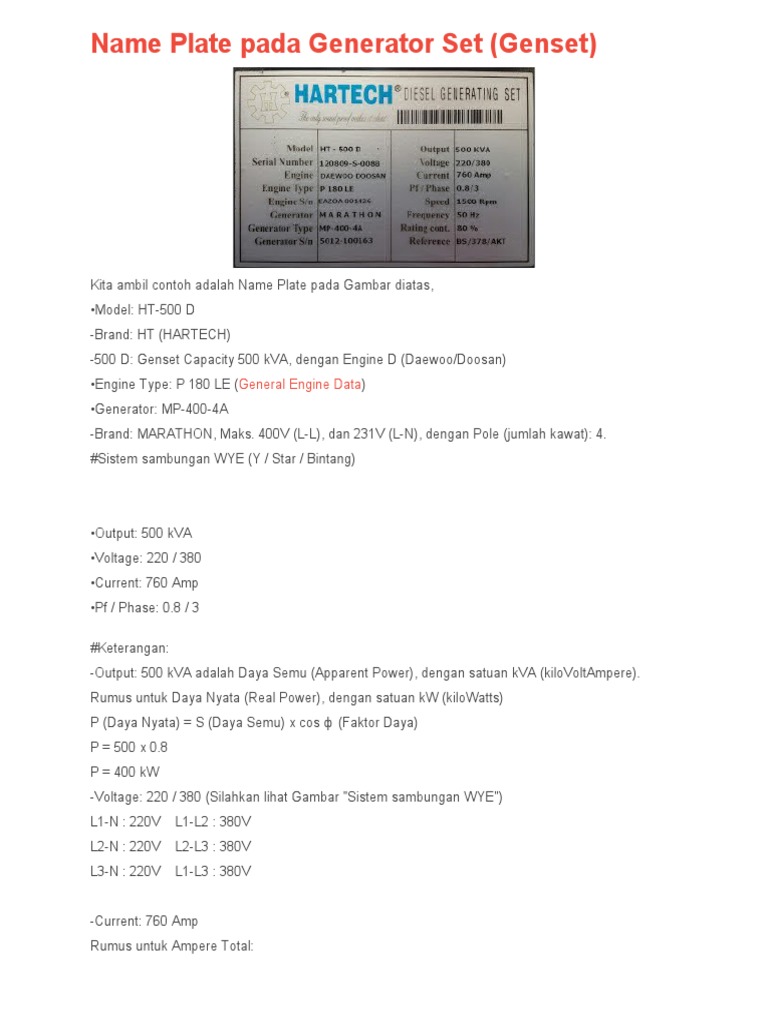 Name Plate Genset HT-500 D | PDF | Teknologi & Rekayasa