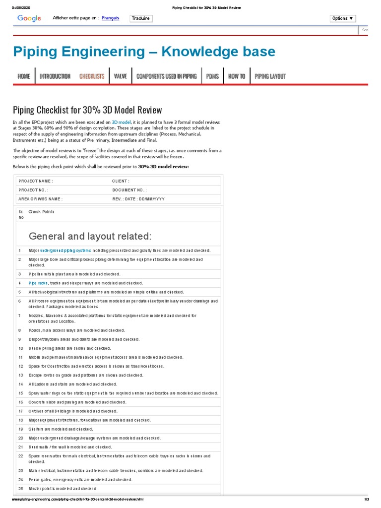 Piping Checklist For 30% 3D Model Review | PDF | Crane (Machine) | Pump