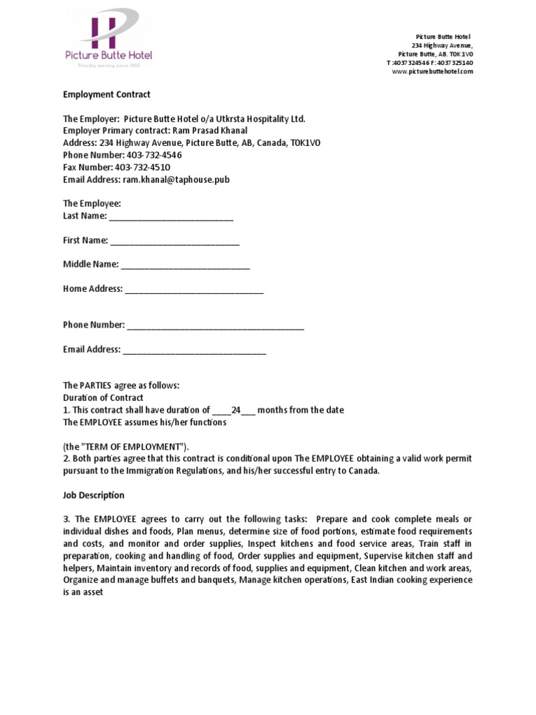 Chef Employment Contract Template | PDF | Employee Relations | Employment