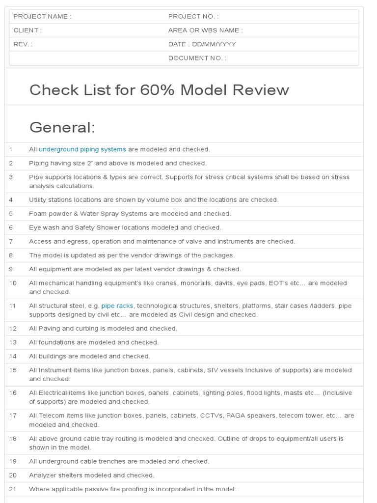 Piping Checklist For 60% 3D Model Review | Download Free PDF | Pump | Valve