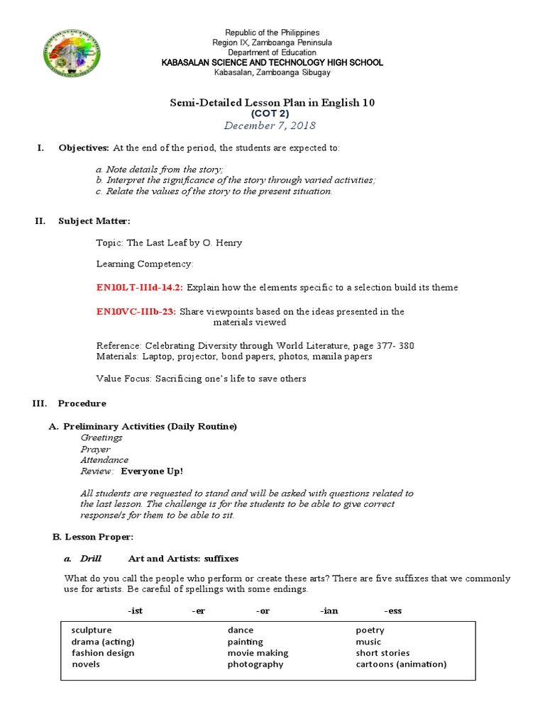 Semi-Detailed Lesson Plan in English 10: December 7, 2018 | PDF | O ...