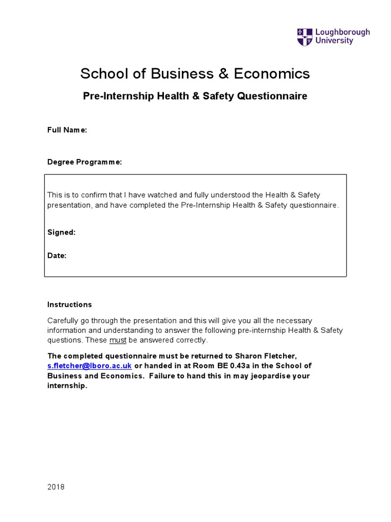Pre-Internship Health & Safety Questionnaire 2018 | PDF | Occupational ...