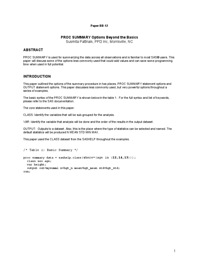 Proc Summaery Print | PDF | Sas (Software) | Statistics