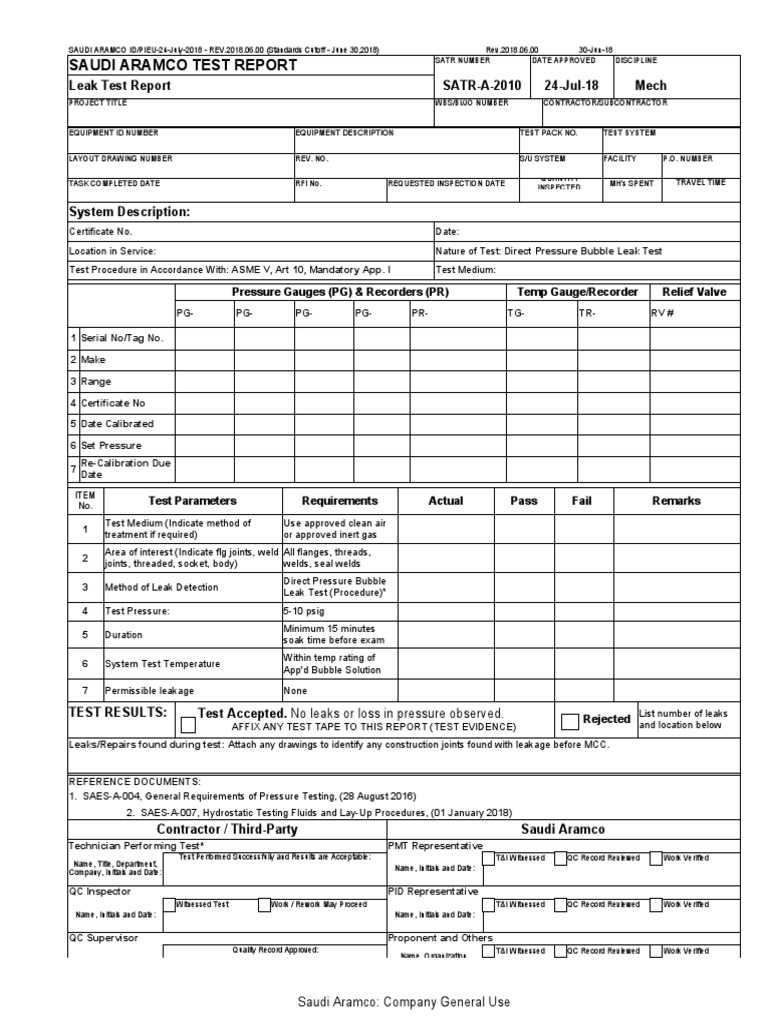 Saudi Aramco Test Report | PDF | Leak | Gases
