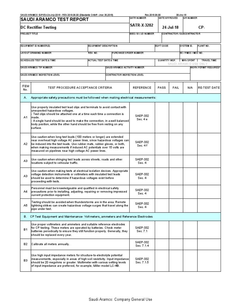Saudi Aramco Test Report: DC Rectifier Testing 24-Jul-18 CP-SATR-X-3202 ...