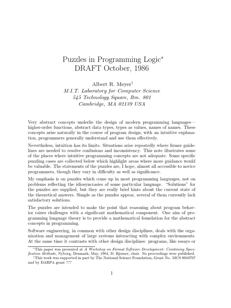 Puzzles in Programming Logic DRAFT October, 1986 | PDF | Scope (Computer Science) | Subroutine